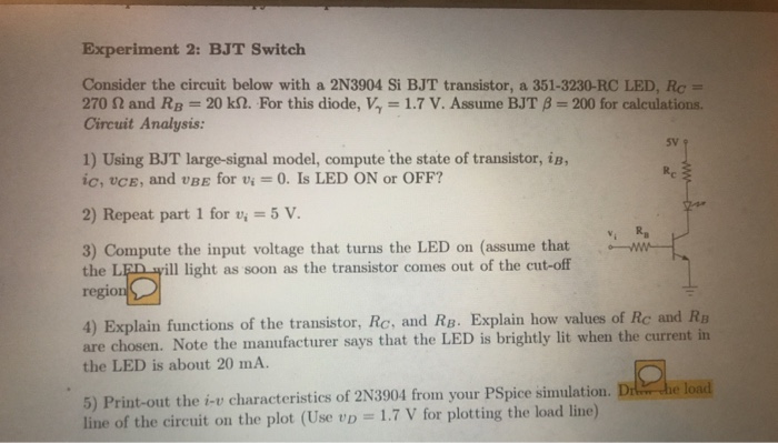 Experiment 2: BJT Switch Consider the circuit below | Chegg.com