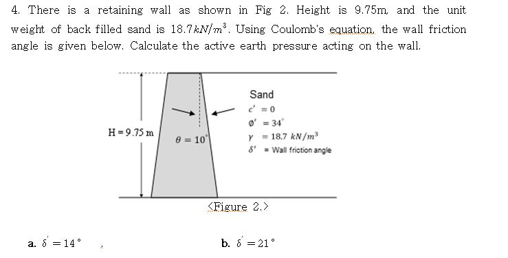 Solved 4. There is a retaining wall as shown in Fig 2. | Chegg.com