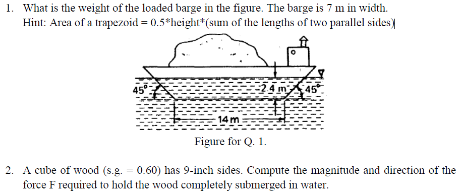 Solved 1. What is the weight of the loaded barge in the | Chegg.com