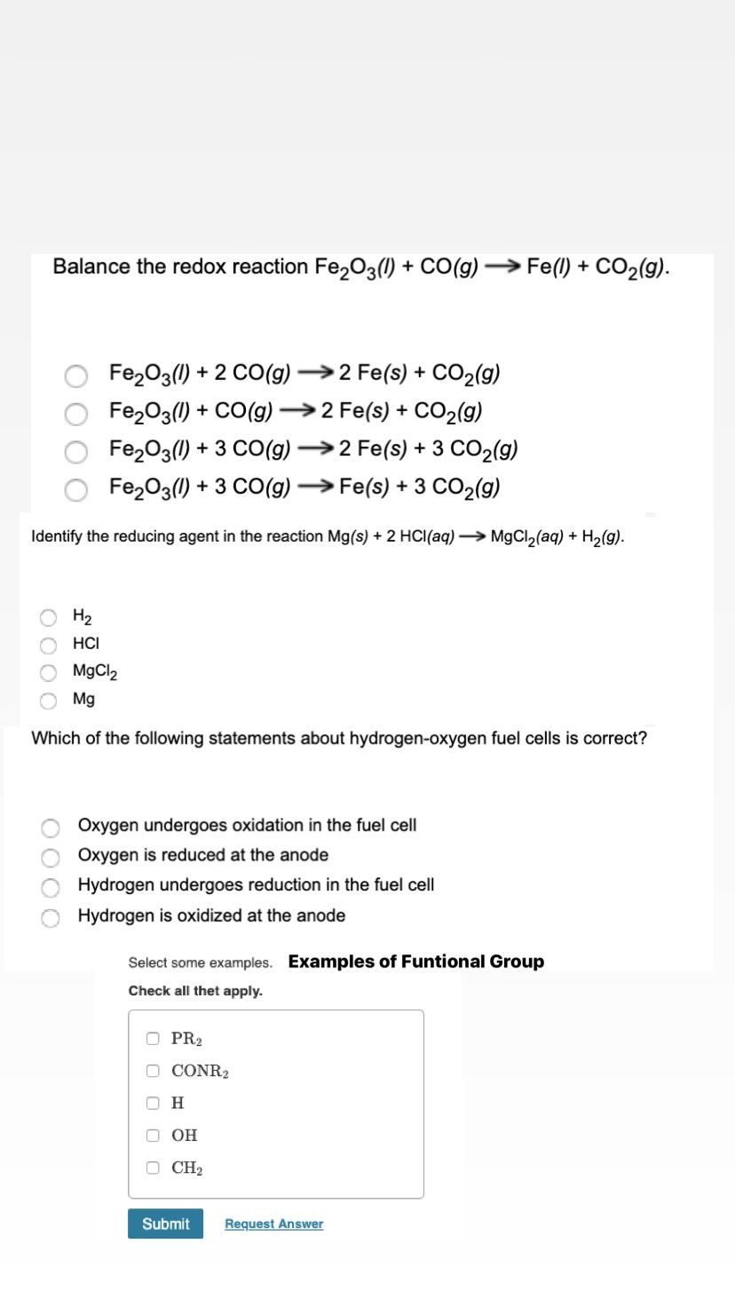 Solved Balance the redox reaction Fe2O3(0) + CO(g) → Fe(1) + | Chegg.com