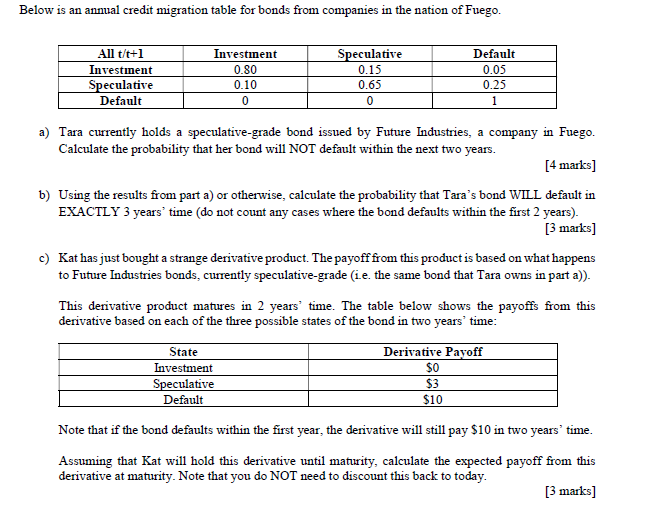 Below is an annual credit migration table for bonds | Chegg.com