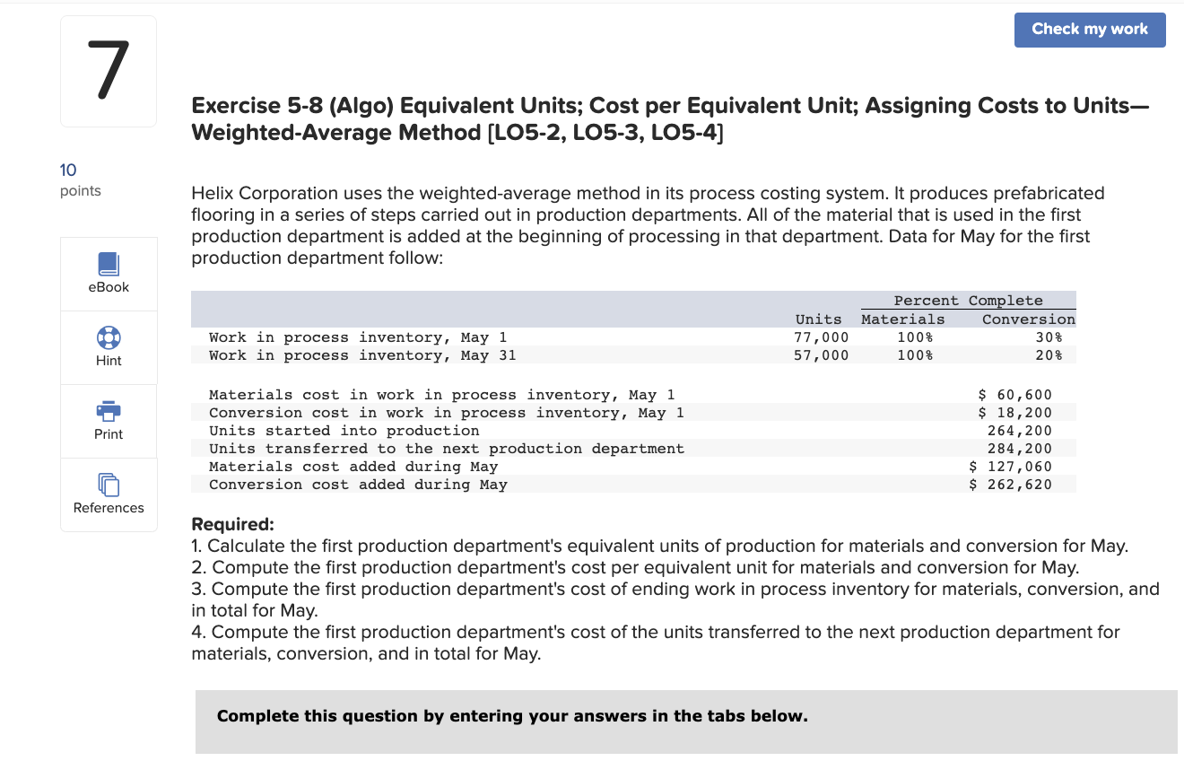 Solved Exercise 5-8 (Algo) Equivalent Units; Cost per | Chegg.com