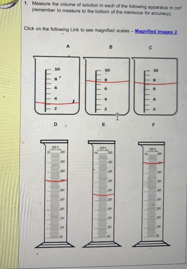 Solved 1. Measure the volume of solution in each of the | Chegg.com
