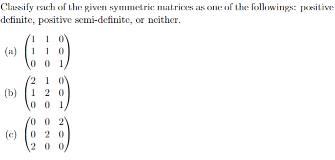 Solved Classify each of the given symmetric matrices as one | Chegg.com