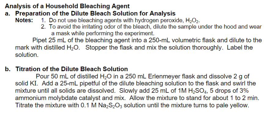 Solved Analysis of a Household Bleaching Agent a. | Chegg.com