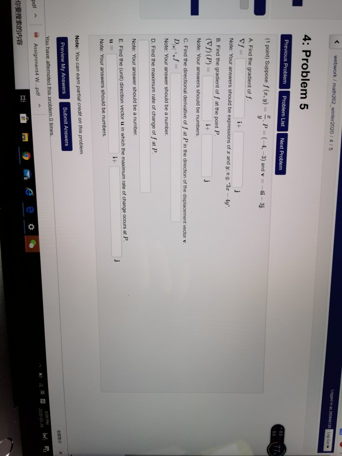 Solved webwork / math262_winter 2020 / 4/5 Logged in as | Chegg.com