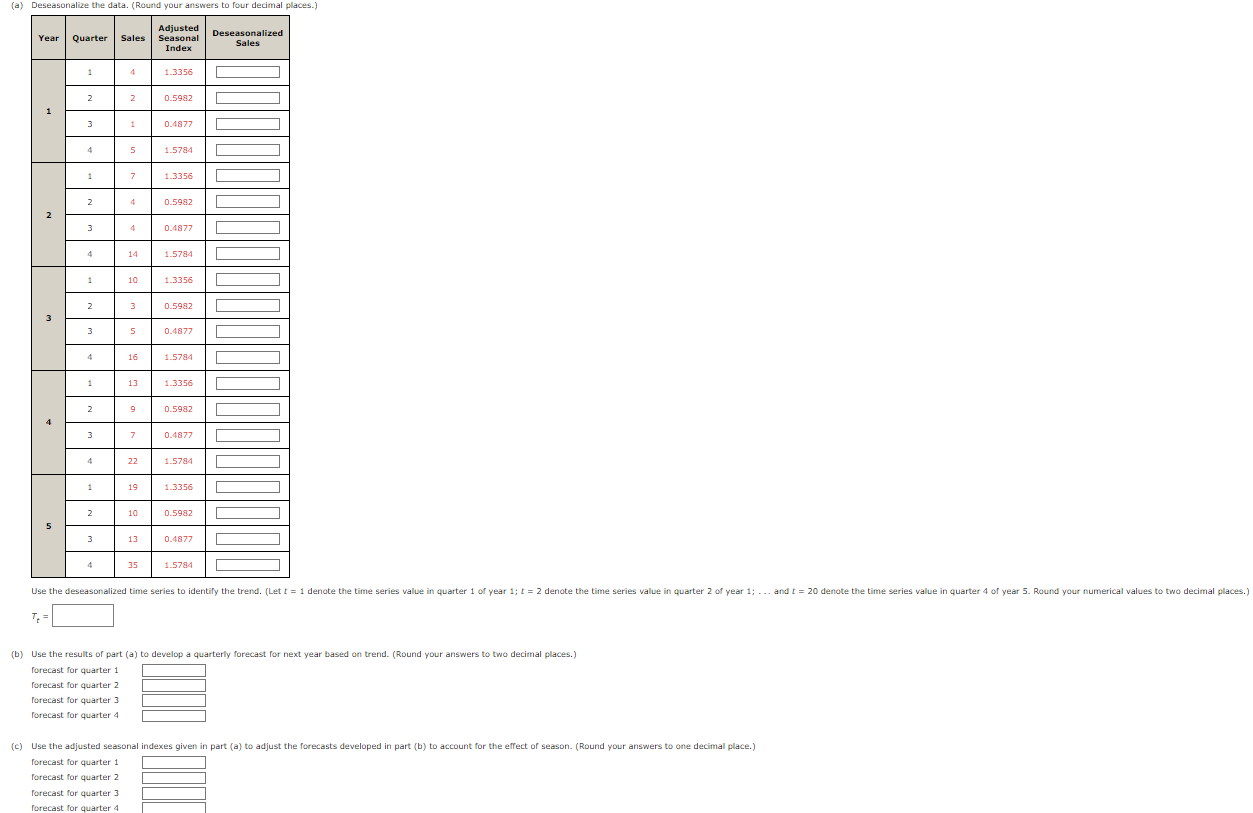 Solved a) Deseasonalize the data. (Round your answers to | Chegg.com