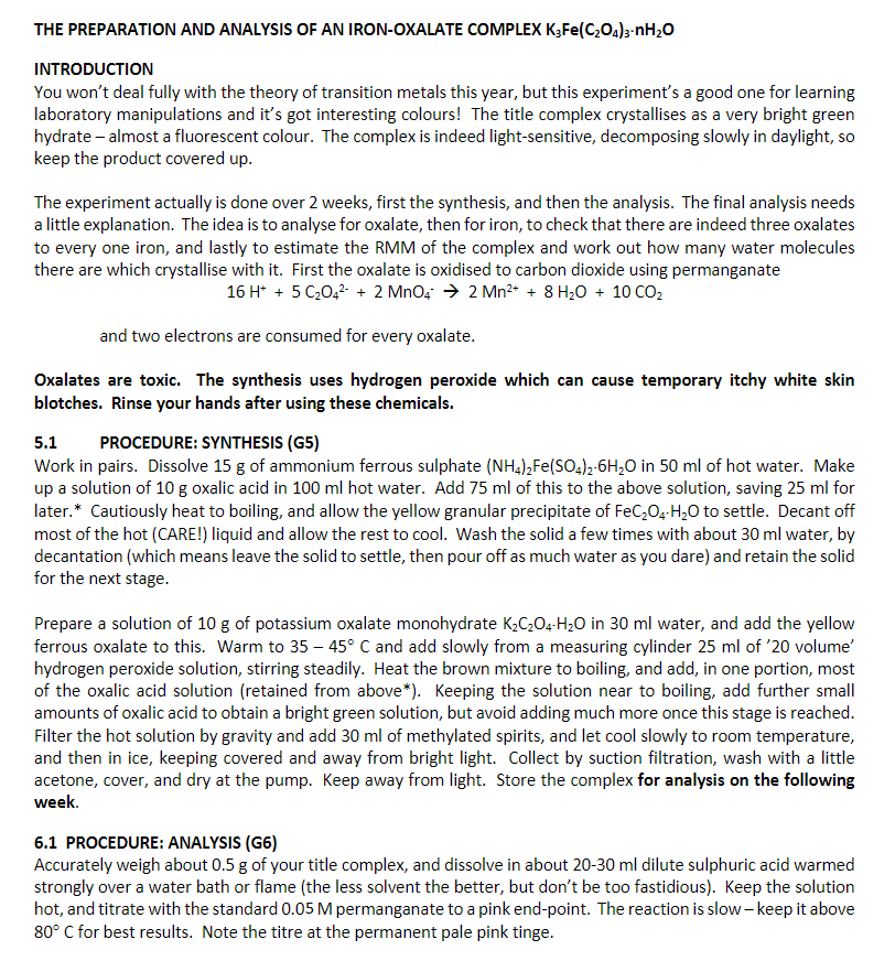Solved THE PREPARATION AND ANALYSIS OF AN IRON-OXALATE | Chegg.com
