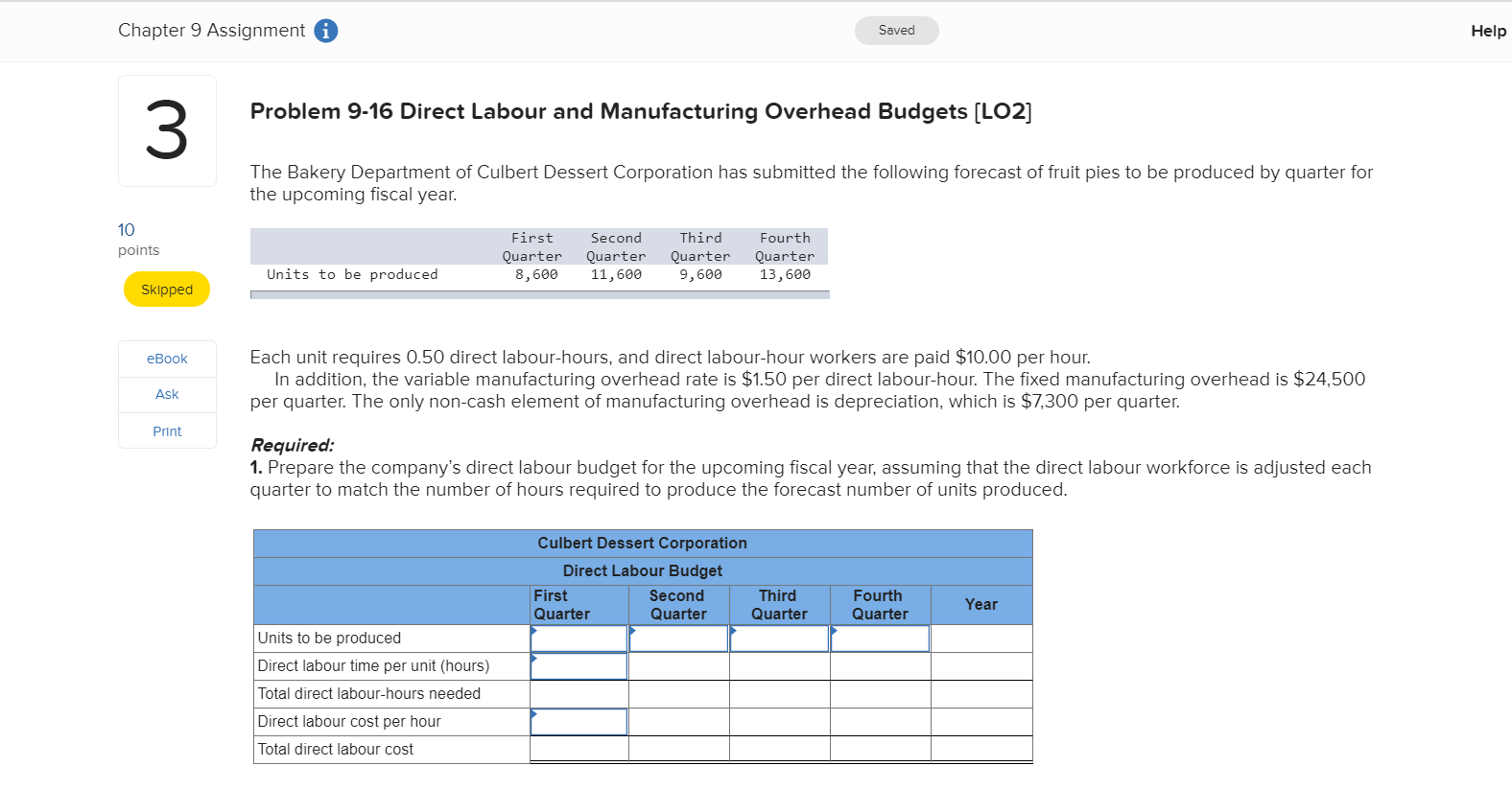 Solved Chapter 9 Assignment i Saved Help Problem 9-16 Direct | Chegg.com