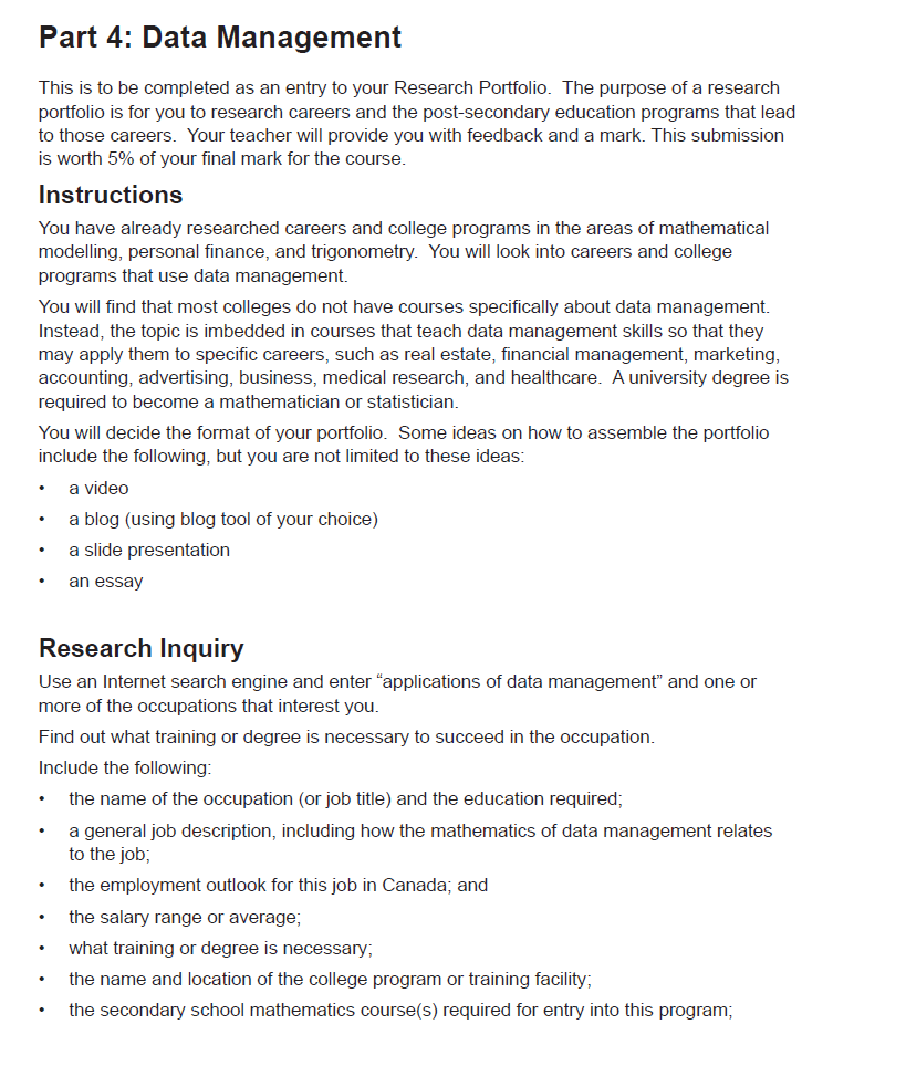 portfolio is for you to research careers and the | Chegg.com