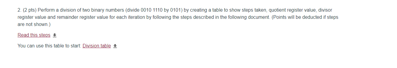 Solved 2. (2 pts) Perform a division of two binary numbers | Chegg.com