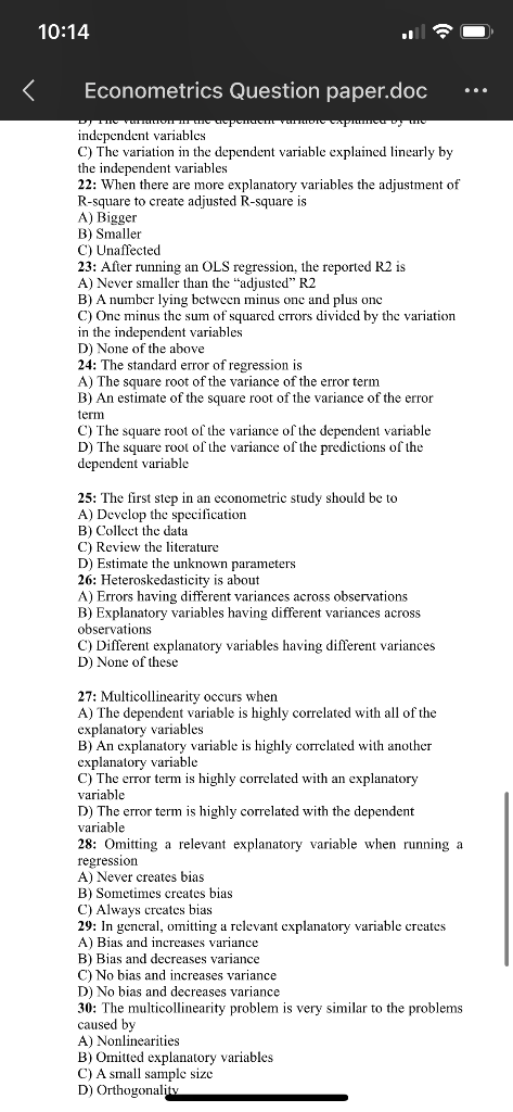 Solved 10:14 Econometrics Question paper.doc e dependem | Chegg.com