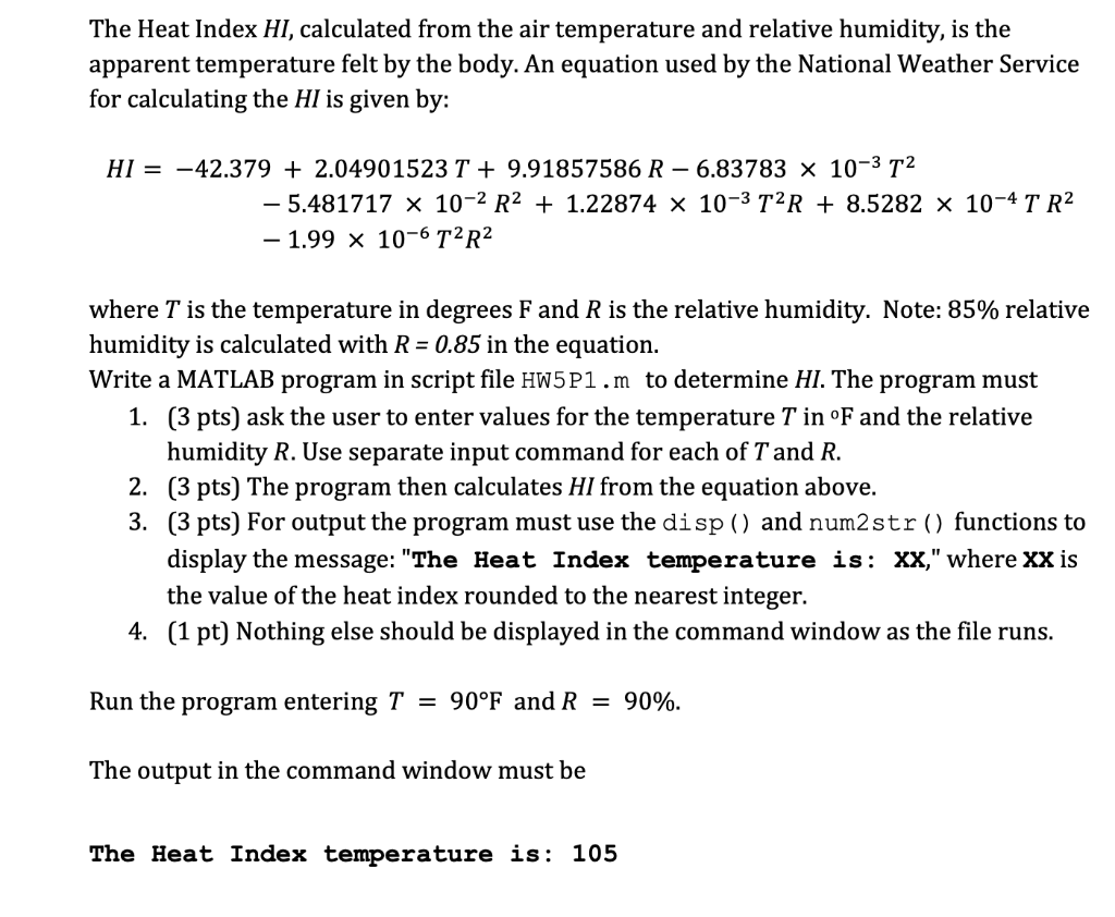 Solved The Heat Index HI, calculated from the air | Chegg.com