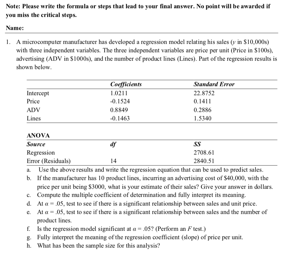 Solved Note: Please write the formula or steps that lead to | Chegg.com