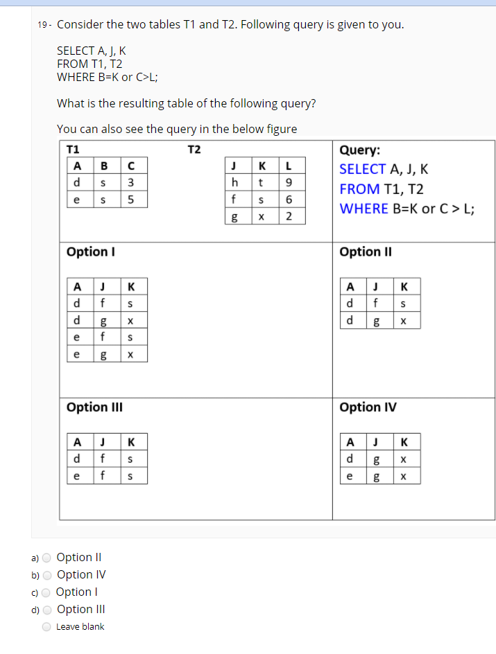 Solved 19. Consider the two tables T1 and T2. Following | Chegg.com