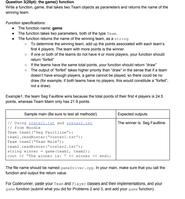 Solved Question 3(20pt): the game() function Write a | Chegg.com