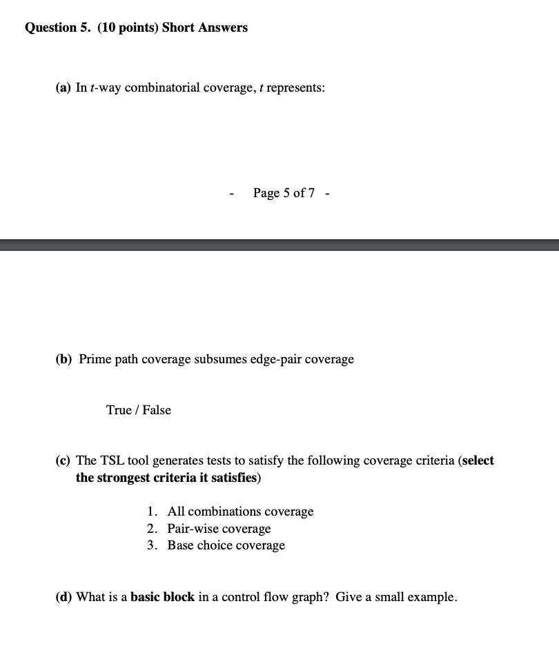 Solved (a) In t-way combinatorial coverage, t represents: - | Chegg.com