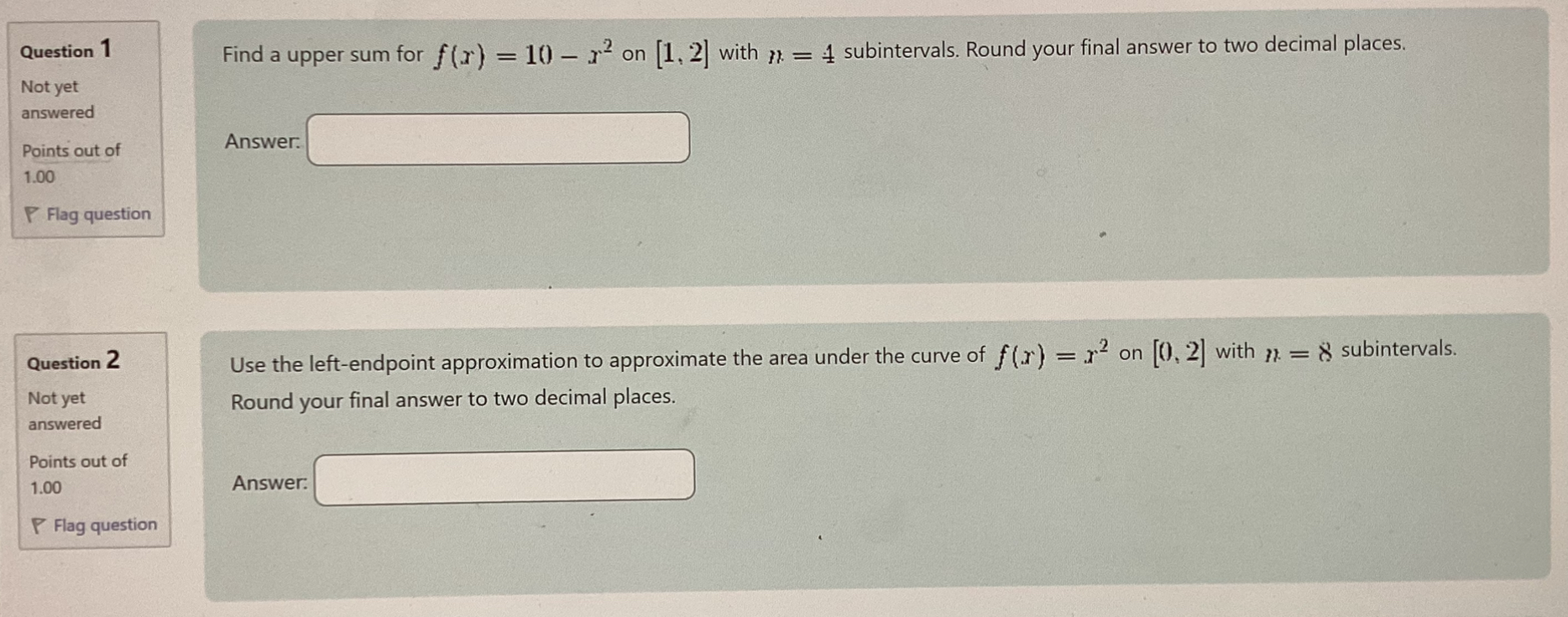 Solved Find a upper sum for \\( f(x)=10-x^{2} \\) on \\( | Chegg.com