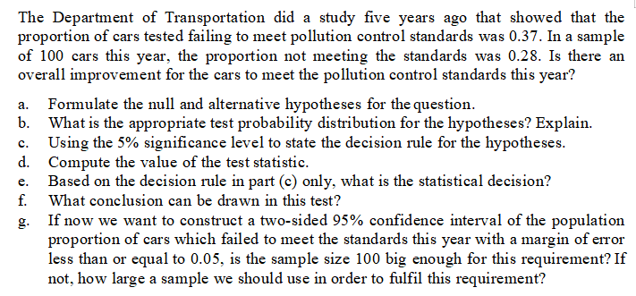 Solved a. The Department of Transportation did a study five | Chegg.com