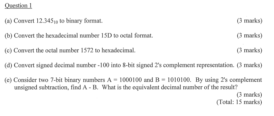 Solved Question 1 (a) Convert 12.34510 to binary format. (3 | Chegg.com