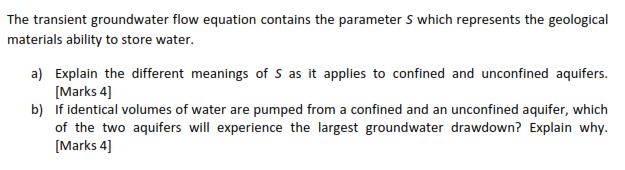 Solved The transient groundwater flow equation contains the | Chegg.com
