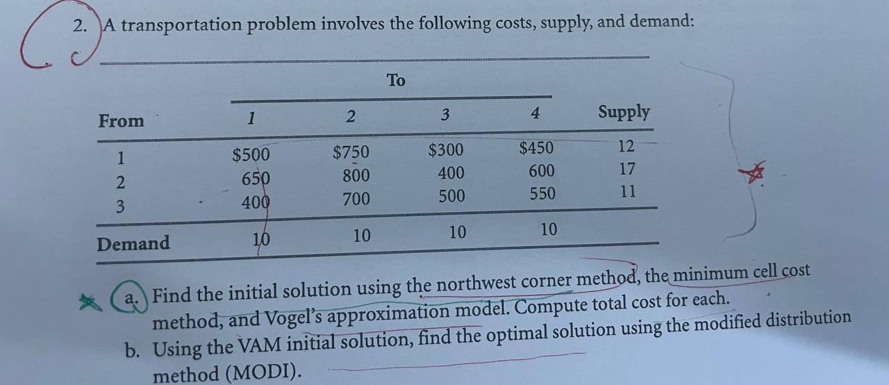 Solved C 2. A transportation problem involves the following | Chegg.com