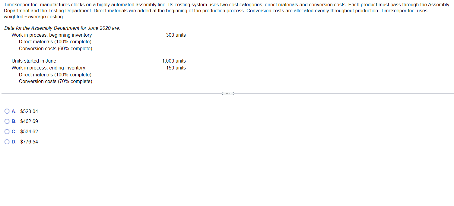 Solved Weighted Average Costing A 52304 B 46269 C 7942