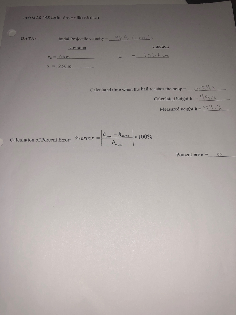 Solved PHYSICS 195 LAB: Projectile Motion Calculate the | Chegg.com