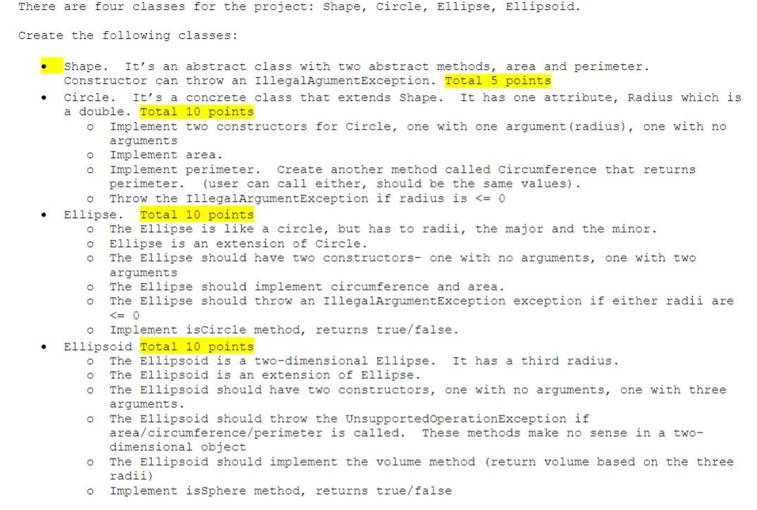 Solved There are four classes for the project: Shape, | Chegg.com