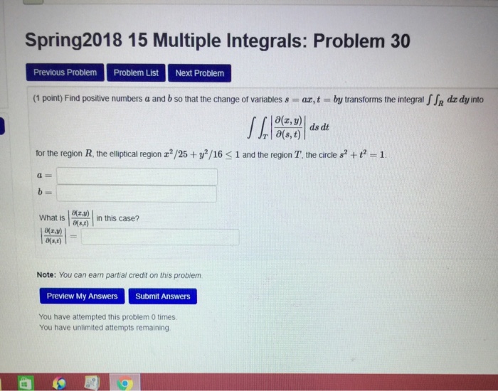 Solved Spring2018 15 Multiple Integrals: Problem 30 Previous | Chegg.com