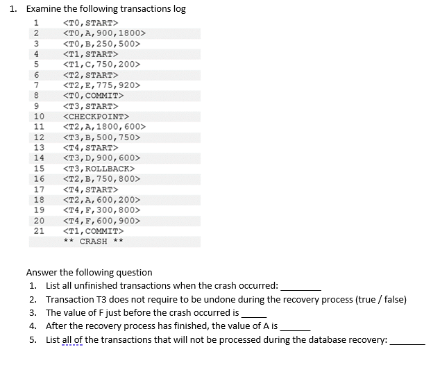 Solved 1. Examine the following transactions log 1 2 3 4 | Chegg.com