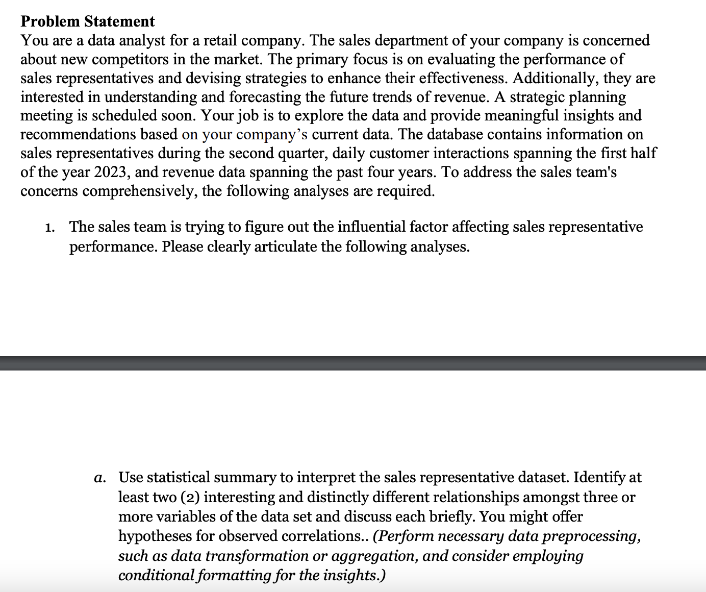 Solved Problem Statement You are a data analyst for a retail | Chegg.com