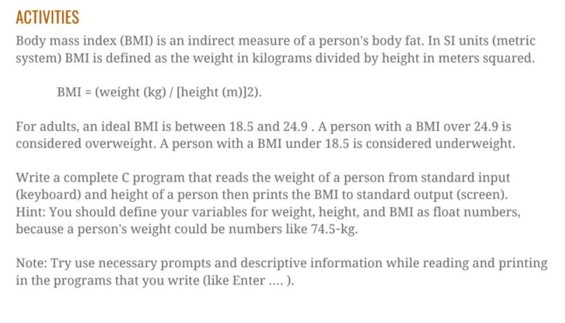 Solved ACTIVITIES Body mass index (BMI) is an indirect | Chegg.com