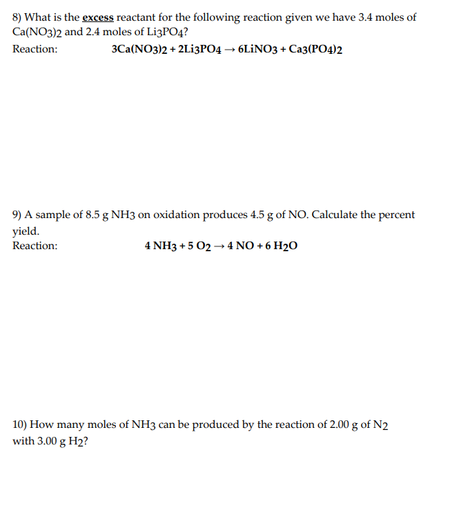 Solved 8) What is the excess reactant for the following | Chegg.com