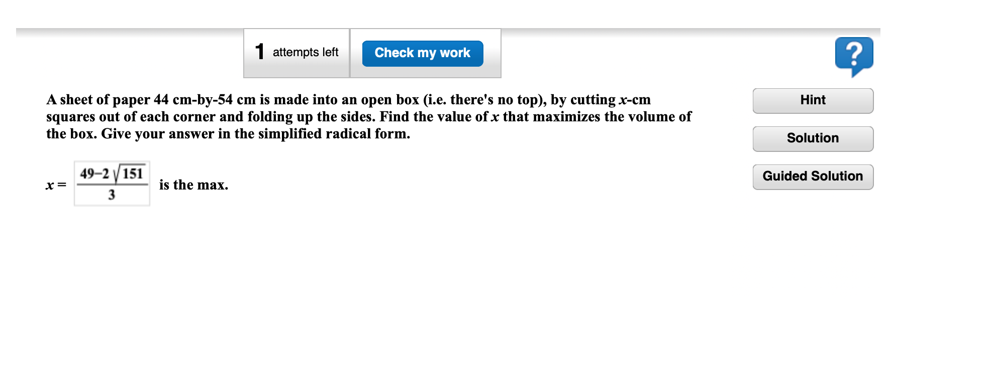 Solved A sheet of paper 44 cm-by- 54 cm is made into an open | Chegg.com