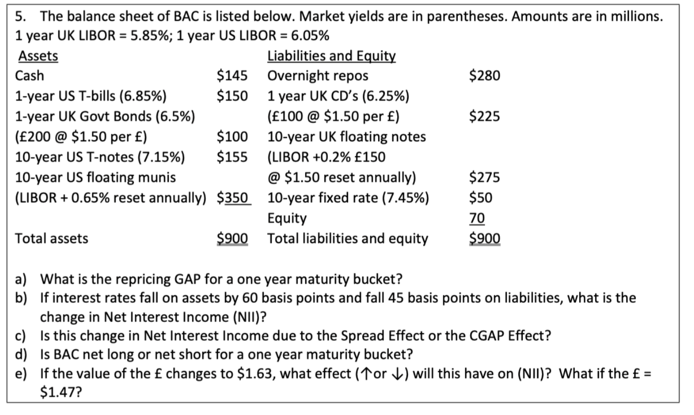 Solved 5. The balance sheet of BAC is listed below. Market | Chegg.com