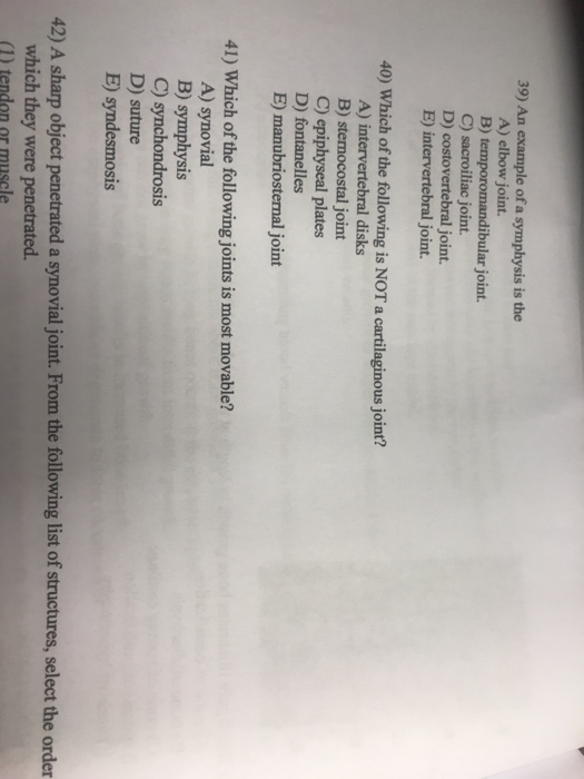 Solved 39) An example of a symphysis is the A) elbow joint. | Chegg.com