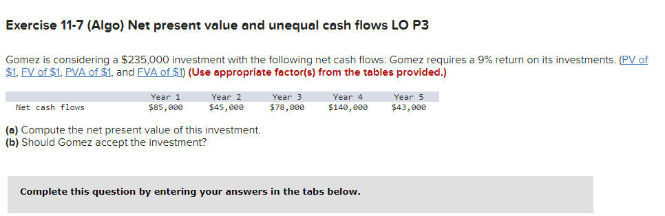 Solved Exercise 11-7 (Algo) Net present value and unequal | Chegg.com