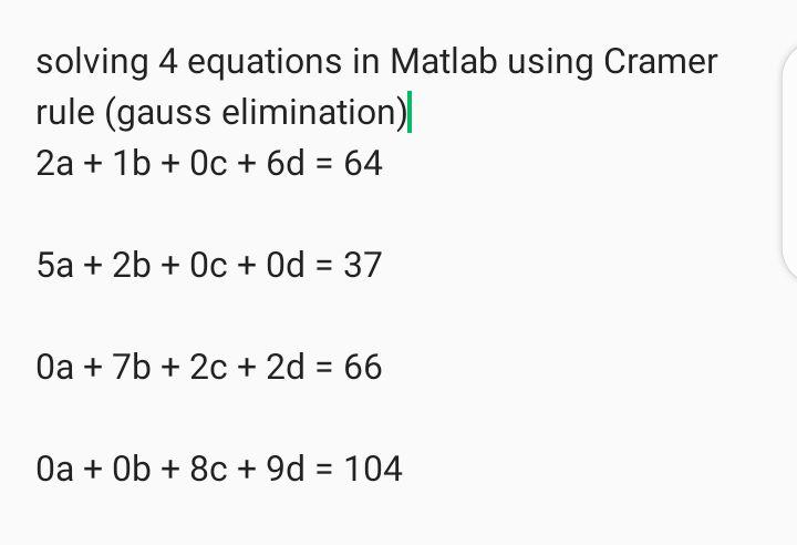 Solved solving 4 equations in Matlab using Cramer rule | Chegg.com