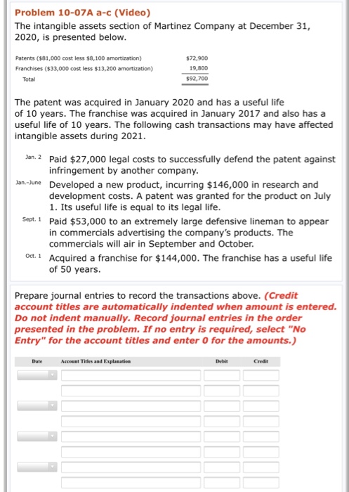 Solved Problem 10-07A a-c (Video) The intangible assets | Chegg.com