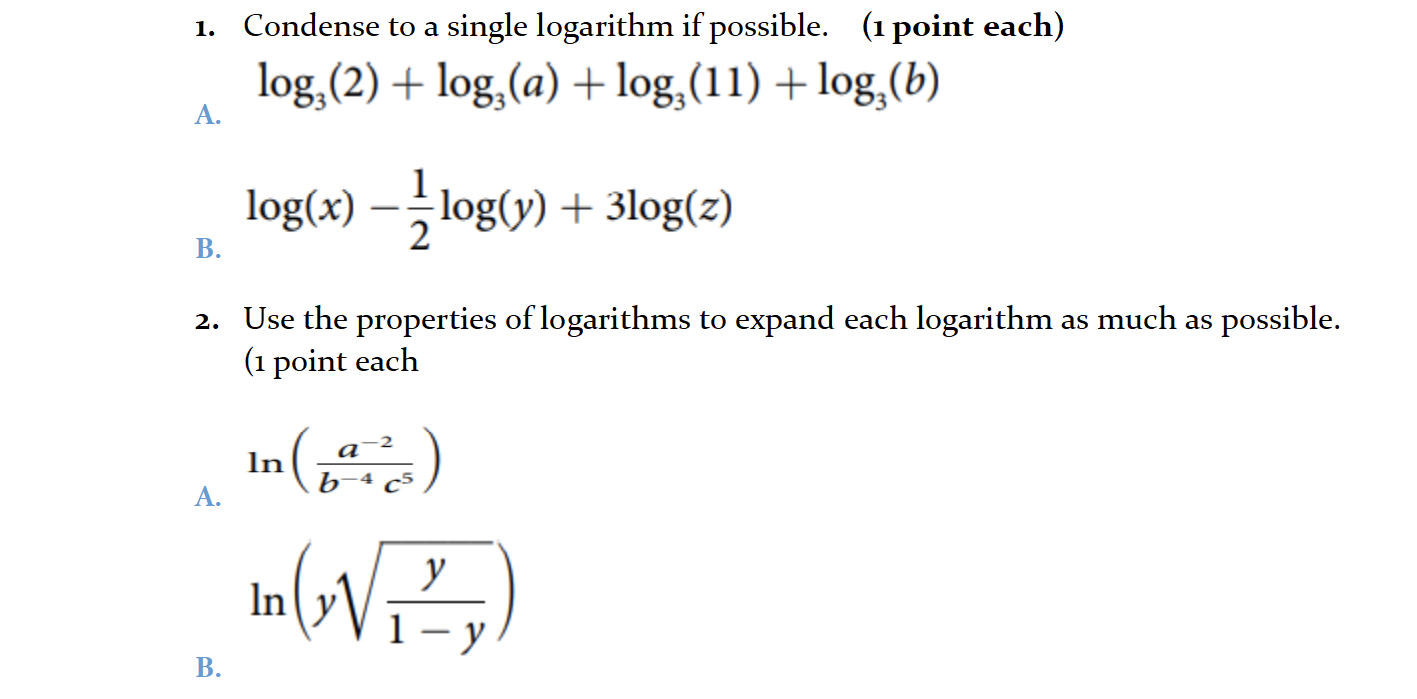Solved 1. Condense to a single logarithm if possible. point | Chegg.com