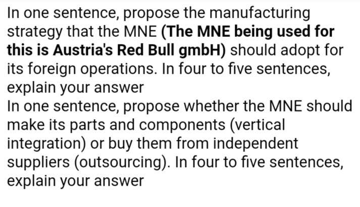 Solved In one sentence, propose the manufacturing strategy | Chegg.com
