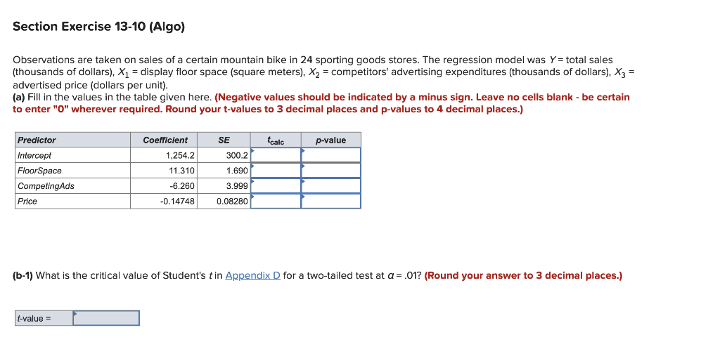 Solved Section Exercise 13-10 (Algo) Observations are taken | Chegg.com