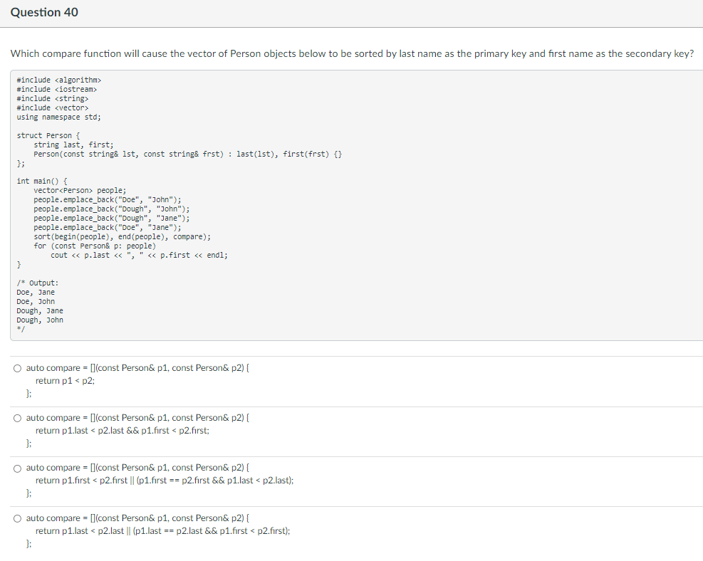 Solved Question 40 Which compare function will cause the | Chegg.com