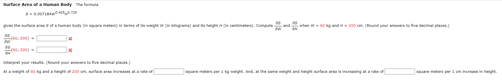 Solved Surface Area of a Human Body The formula S = | Chegg.com