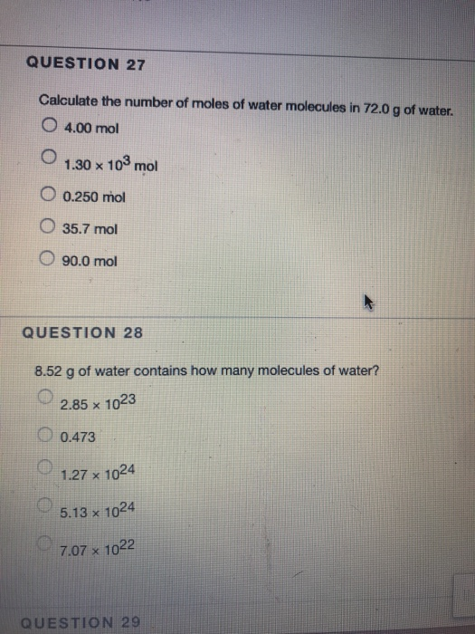 Solved QUESTION 27 Calculate the number of moles of water | Chegg.com