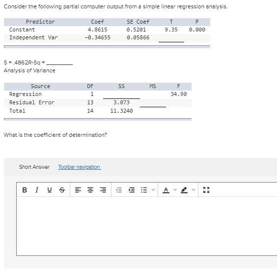 Solved Consider the following partial computer output from a | Chegg.com