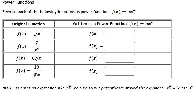 Solved Power Functions Rewrite each of the following | Chegg.com