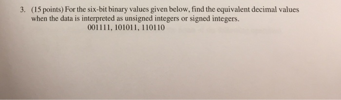 Solved (15 points) For the six-bit binary values given | Chegg.com