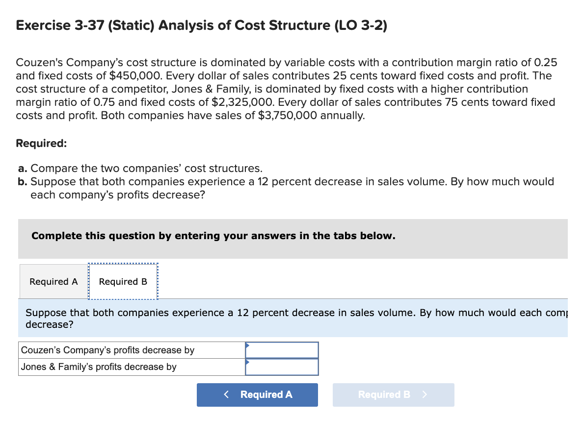 Solved Couzen's Company's cost structure is dominated by | Chegg.com